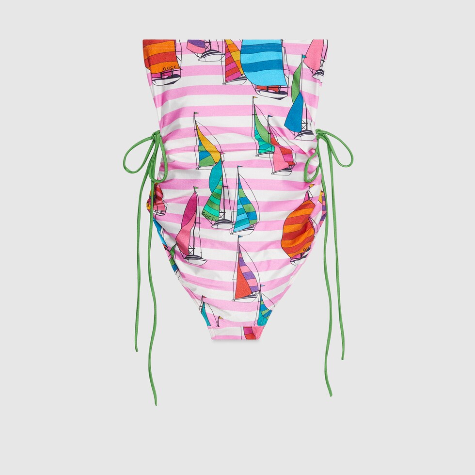 Gucci boat print sparkling jersey swimsuit in ivory and pink | GUCCI® UK