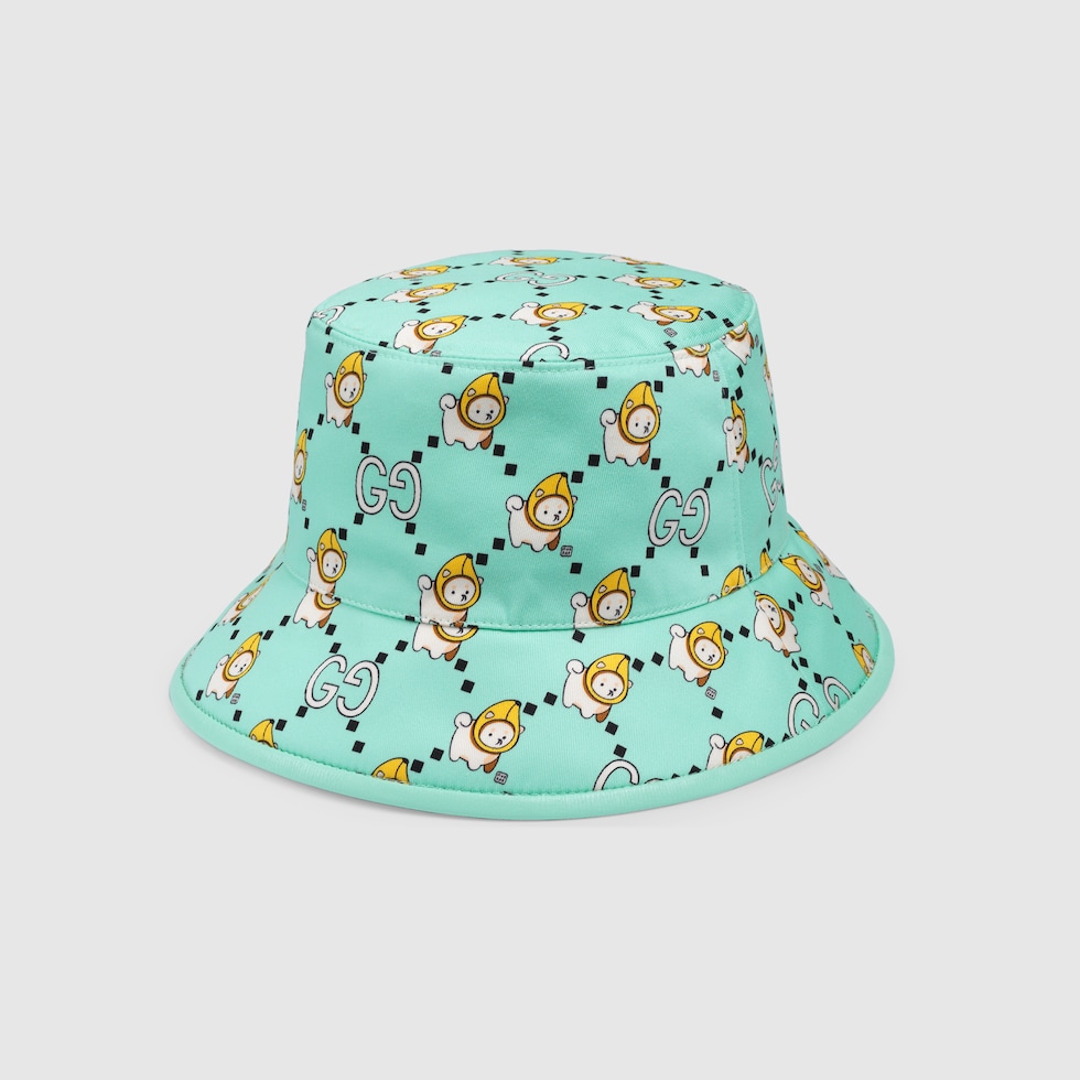 GG animal print cotton bucket hat in aquamarine and ivory | GUCCI® AE