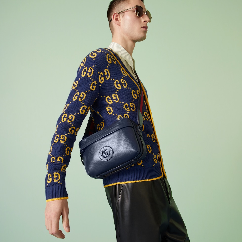 Shoulder bag with tonal Double G in dark blue leather | GUCCI® MX