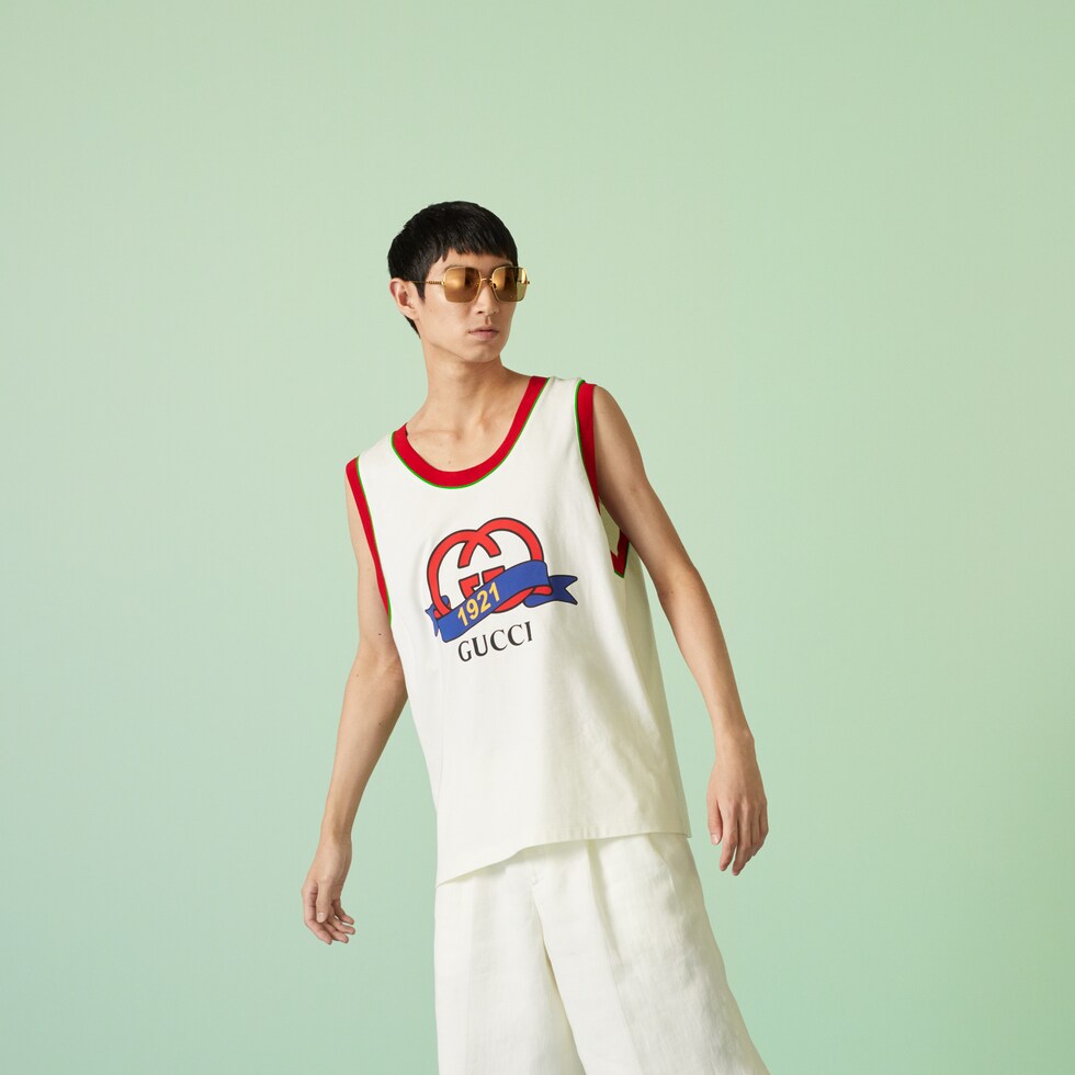 Interlocking G 1921 print cotton top in ivory | GUCCI® AE