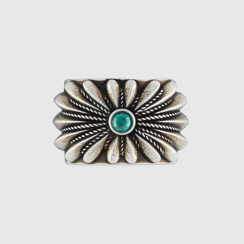 Interlocking G engraved flower ring in 925 sterling silver | GUCCI® NL