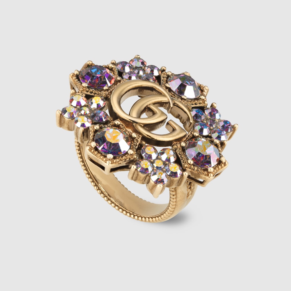 GG Marmont crystal ring in antique gold-toned metal | GUCCI® NZ