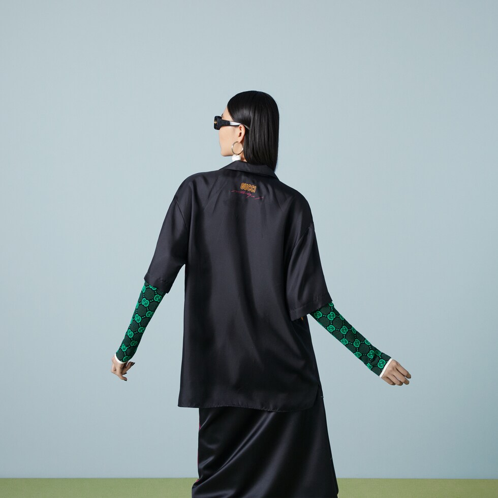 Silk twill Nagel print shirt in black | GUCCI® SG