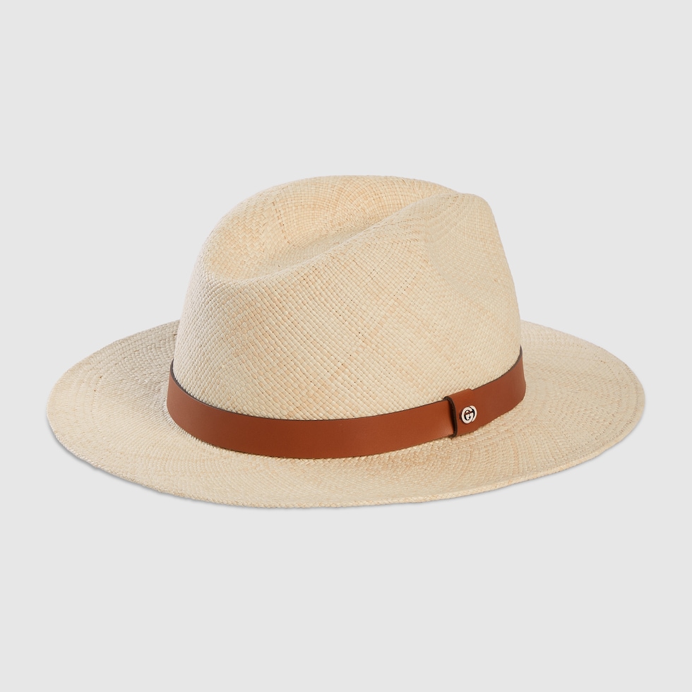Raffia wide-brimmed hat in beige | GUCCI® FI