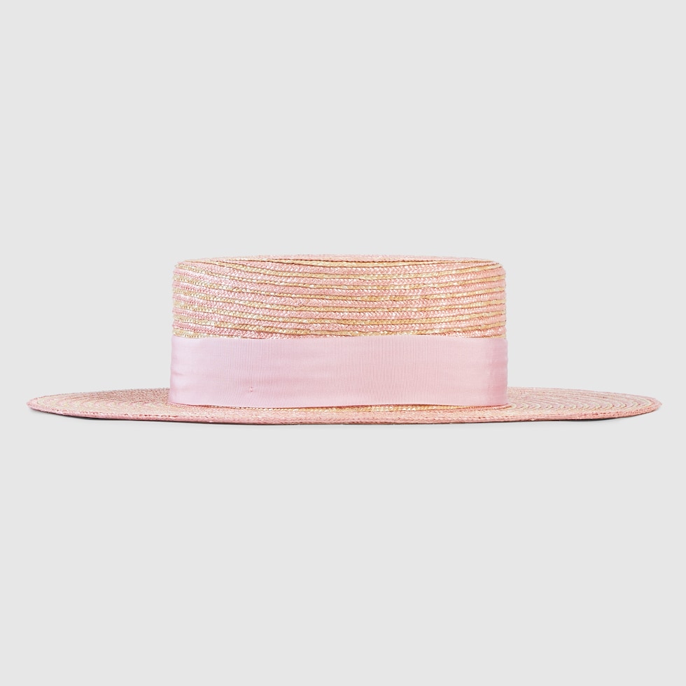 Striped raffia wide-brimmed hat in beige and pink | GUCCI® AE