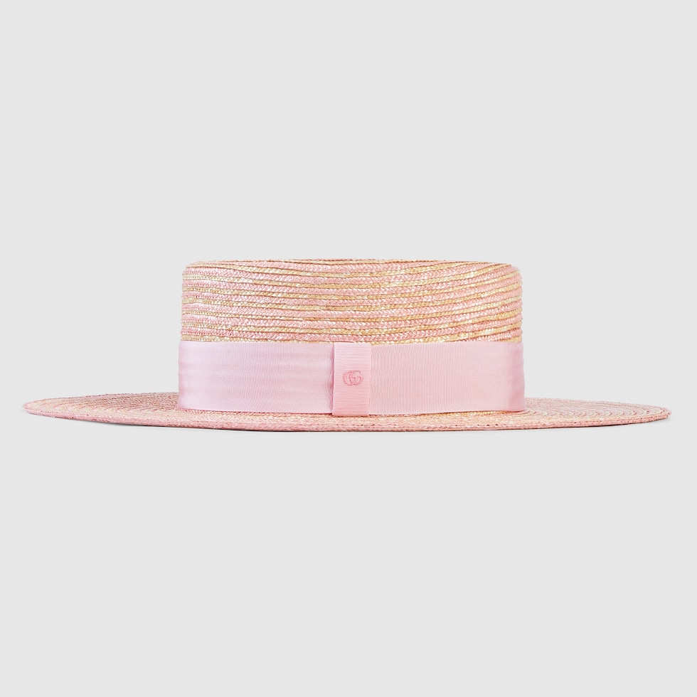 Striped raffia wide-brimmed hat in beige and pink | GUCCI® AE