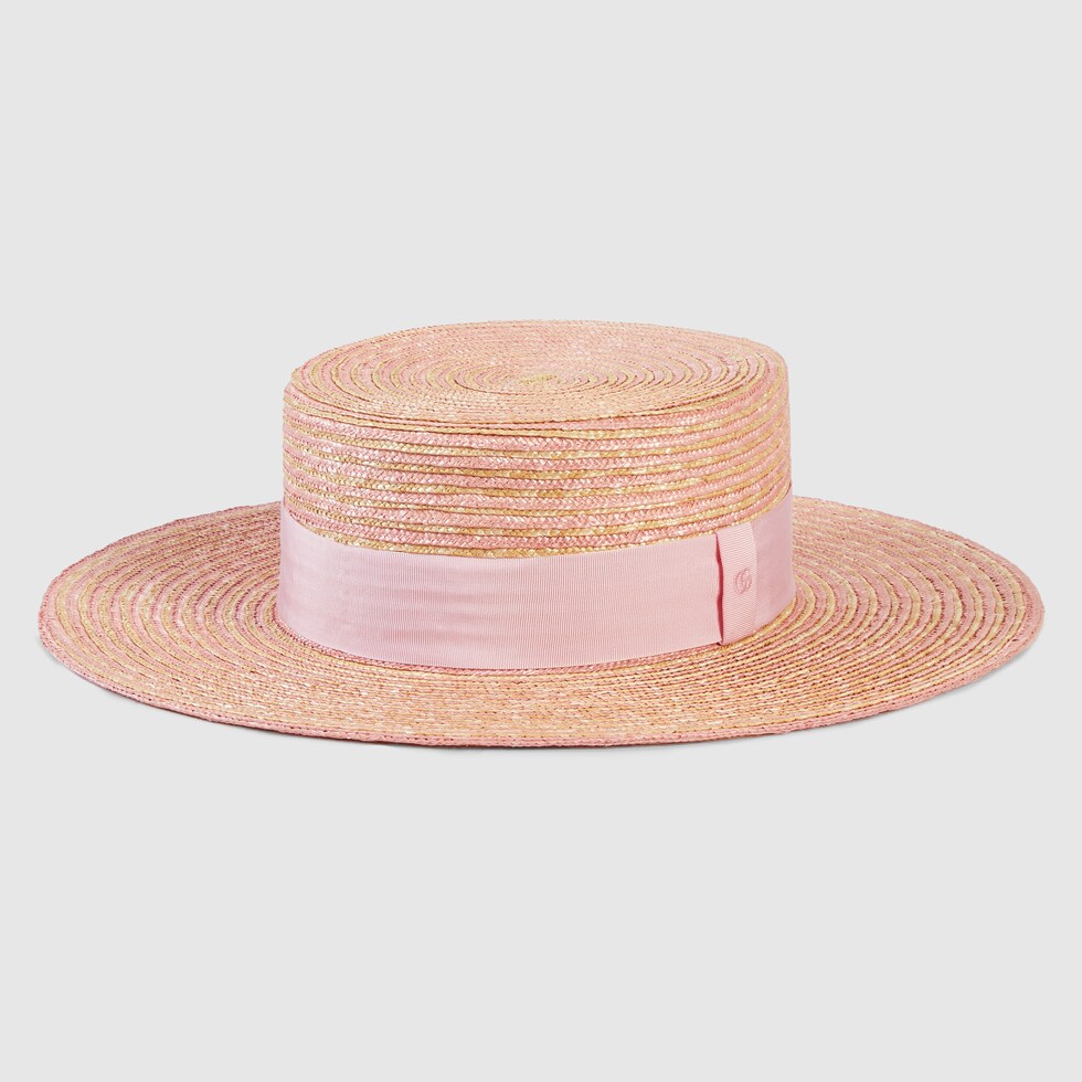 Striped raffia wide-brimmed hat in beige and pink | GUCCI® AE