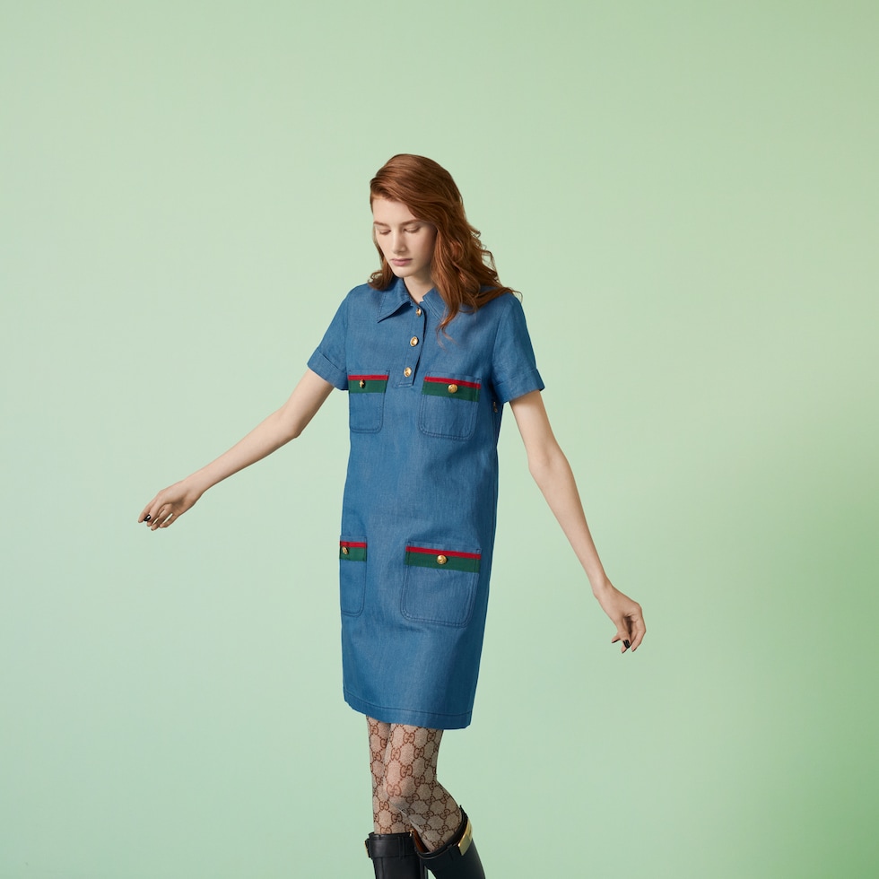 Denim dress with Web detail in blue | GUCCI® CZ