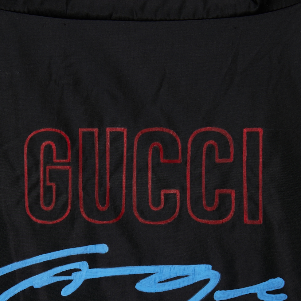 Nylon Nagel print bomber jacket in black and blue | GUCCI® SG