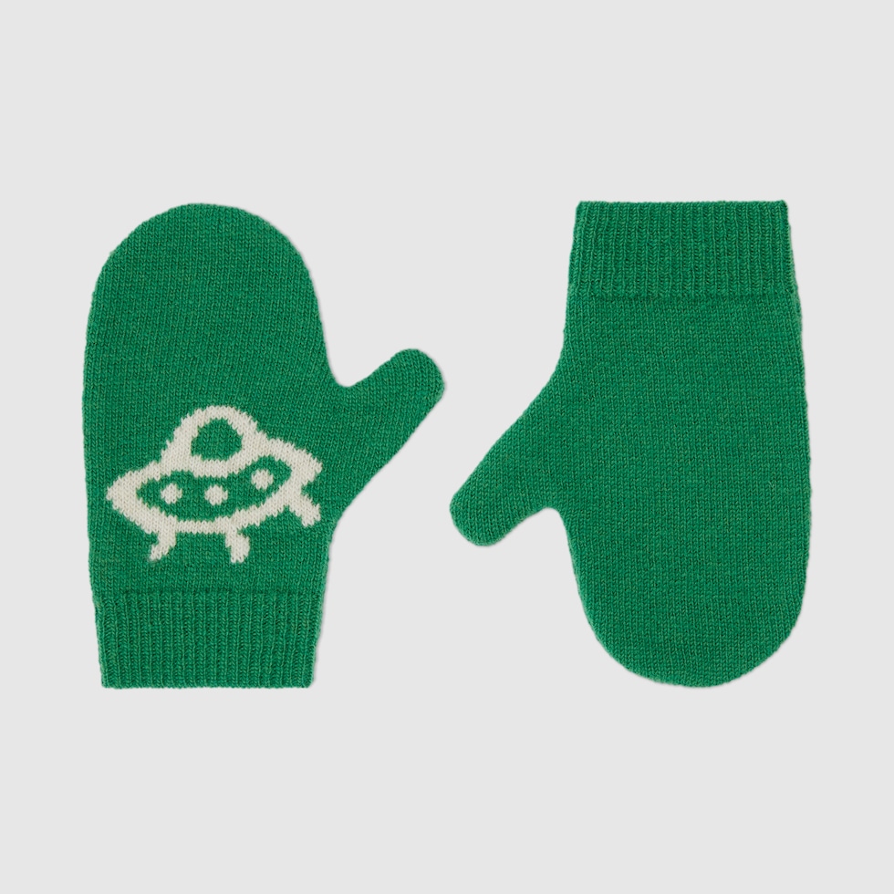 Baby wool mittens with intarsia in green and ivory | GUCCI® UK