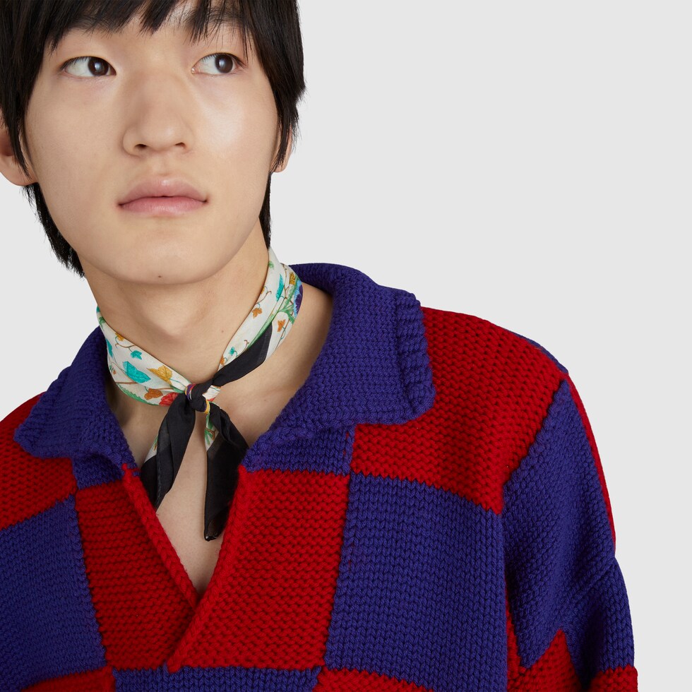 Patternded wool pullover in blue and red | GUCCI® UK