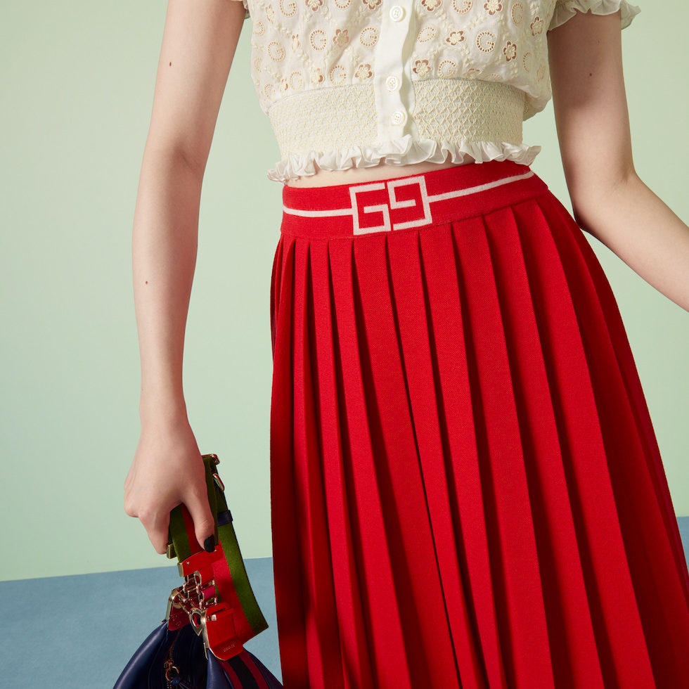 Extrafine wool jacquard skirt in red and ivory | GUCCI® AE