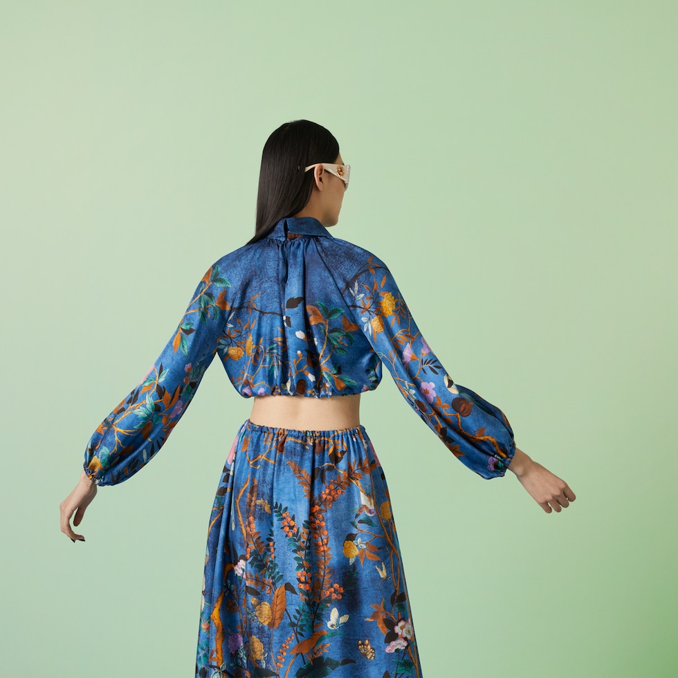 Gucci Tian print silk twill top in dark blue | GUCCI® UK