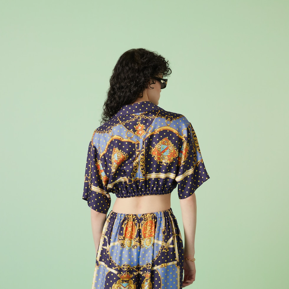 Polka-dot chain and crest print silk shirt in blue and yellow | GUCCI® UK