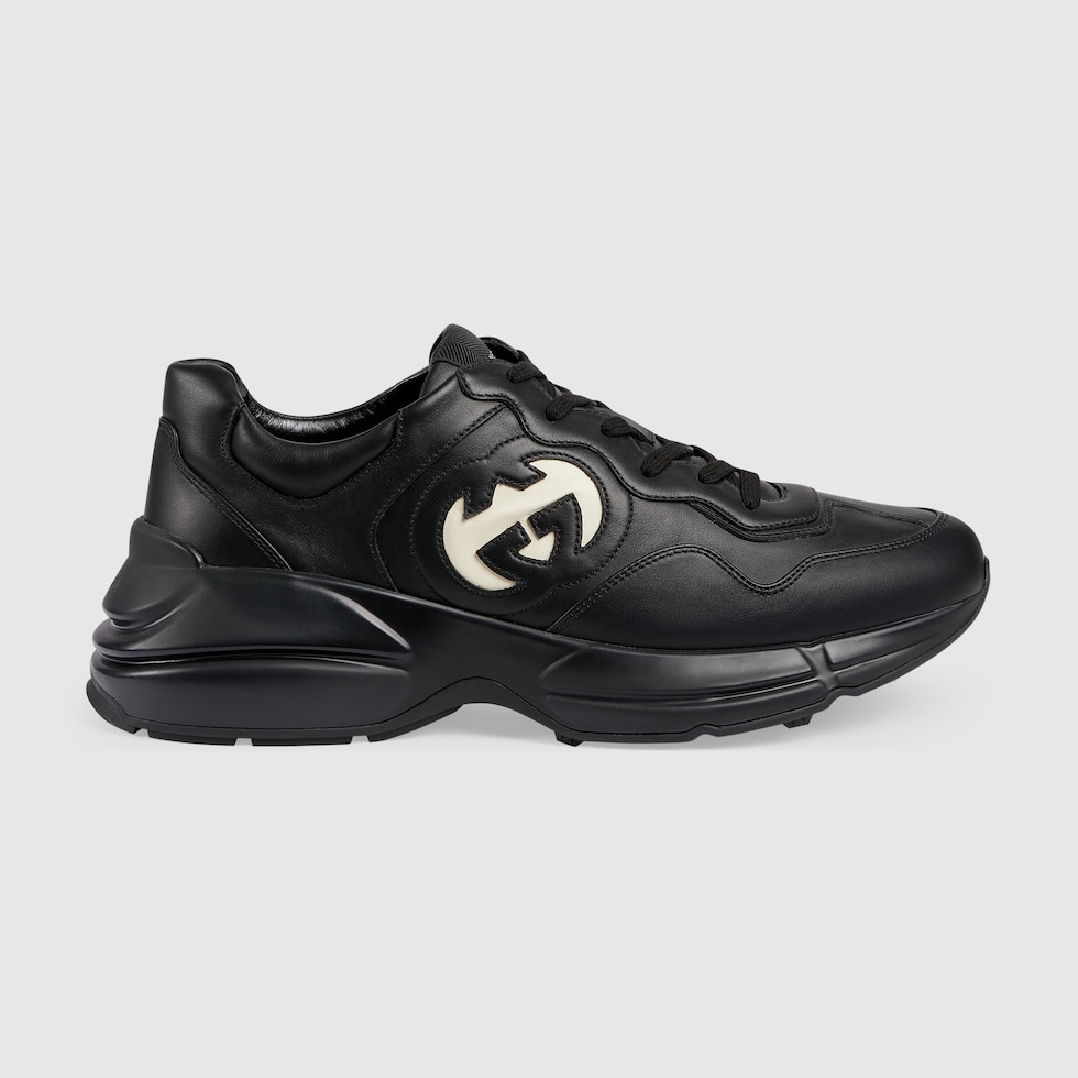 Men's Interlocking G Rhyton trainer in black leather | GUCCI® 香港