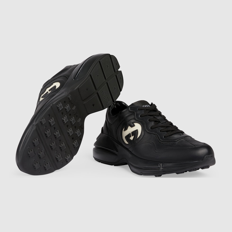 Men's Rhyton sneaker with Interlocking G in black leather | GUCCI® AE