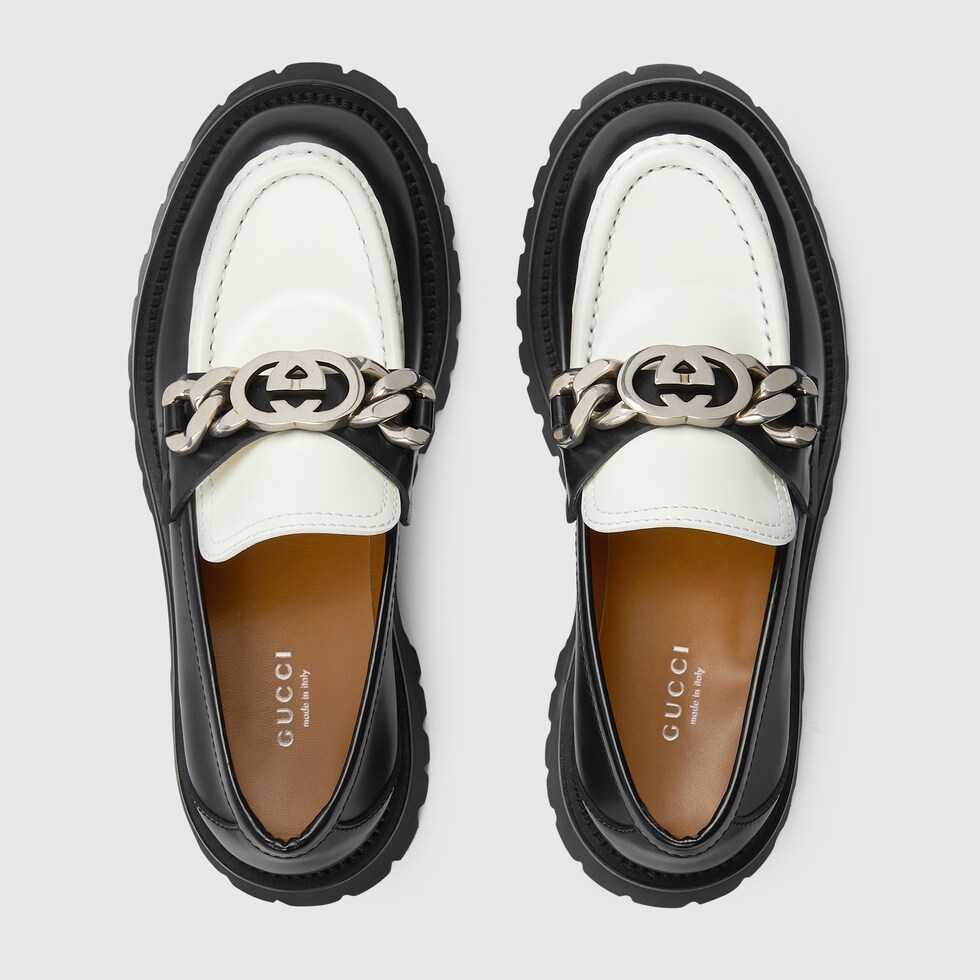 Women's Interlocking G chain loafer in black and white leather | GUCCI® IE