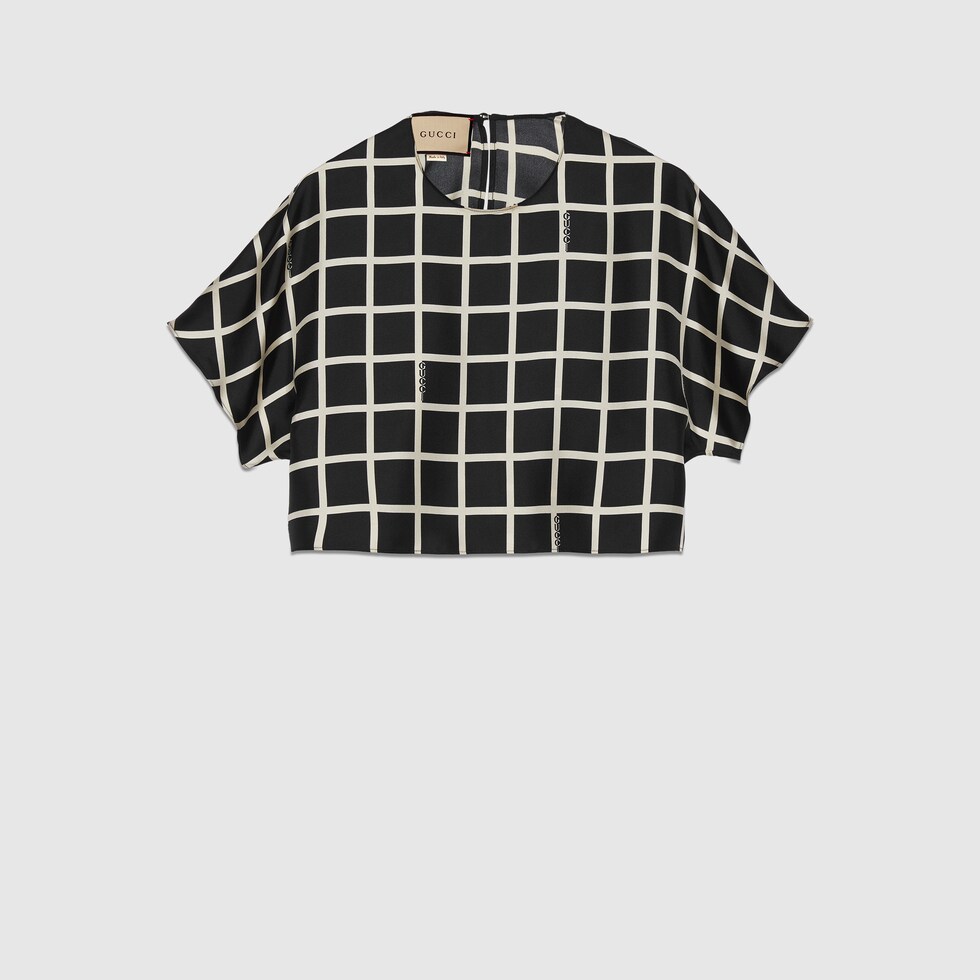 Gucci check print silk shirt in black and ivory | GUCCI® NO