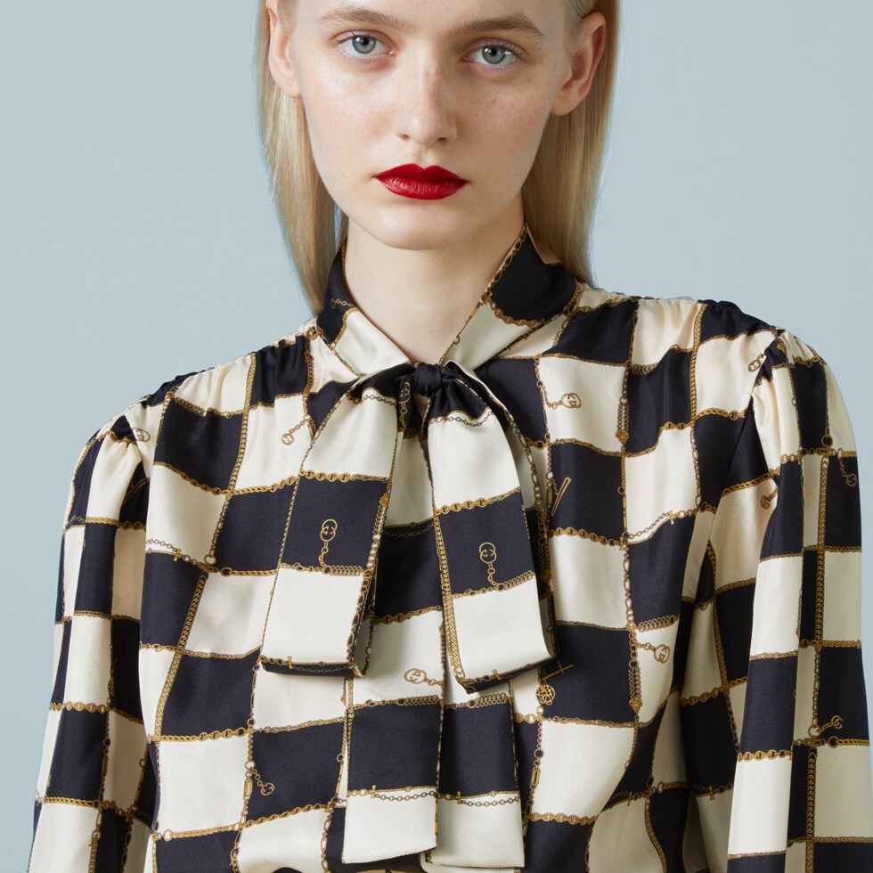 Chain and check print silk shirt in black and ivory | GUCCI® NO