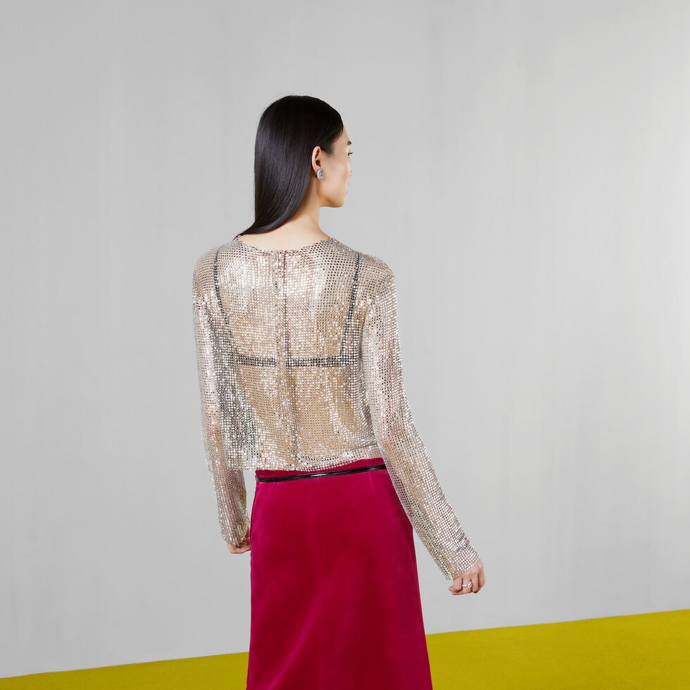 Crystal-embroidered stretch tulle top in pale pink | GUCCI® SG