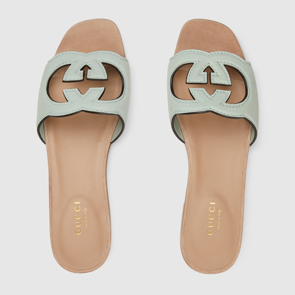 Women's Interlocking G cut-out sandal in pale green and light brown ...