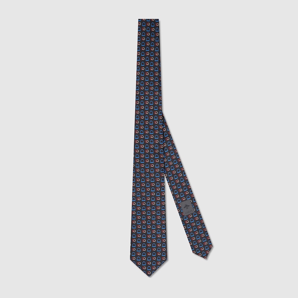 Stirrup Interlocking G print silk tie in blak and blue | GUCCI® 香港