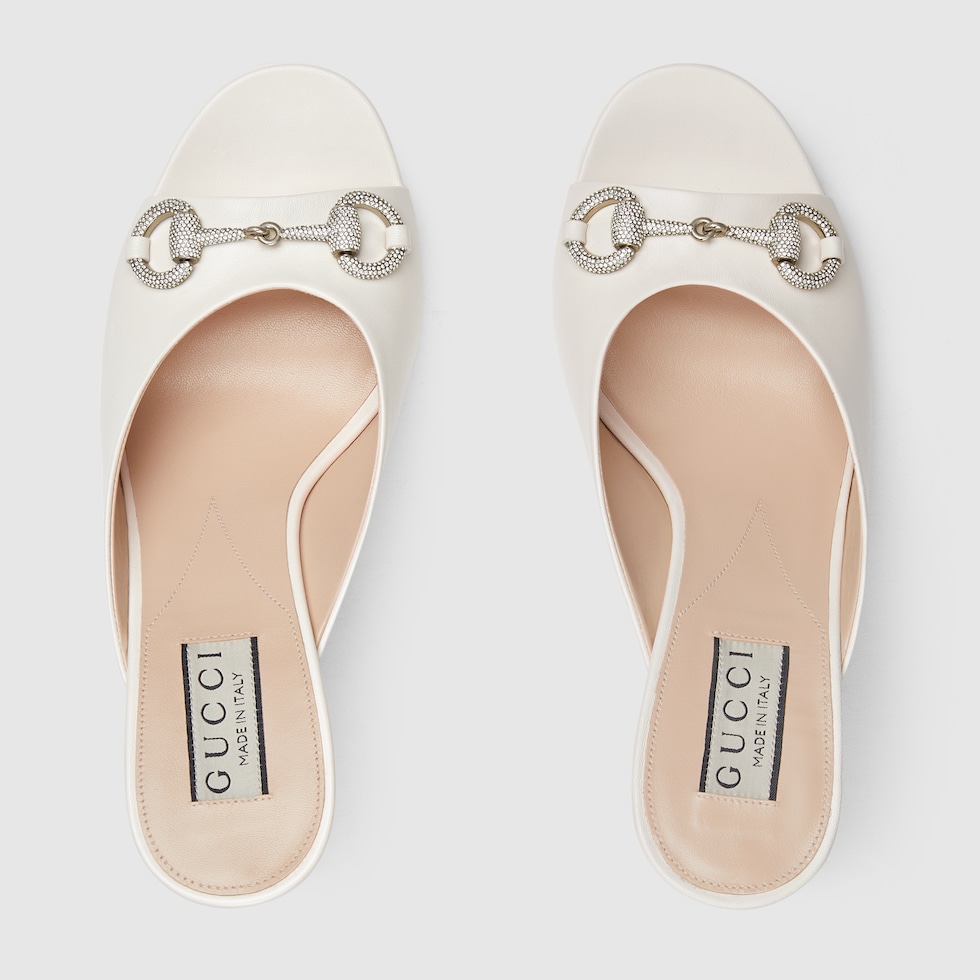 Women's mid-heel slide sandal in white leather | GUCCI® 香港