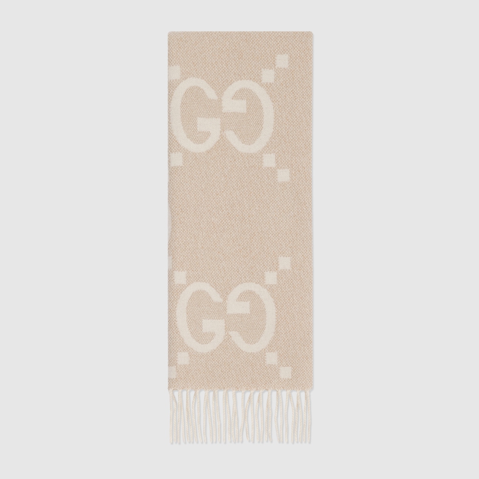 Bufanda jacquard de lamé de cashmere con GG en camel y blanco | GUCCI® ES