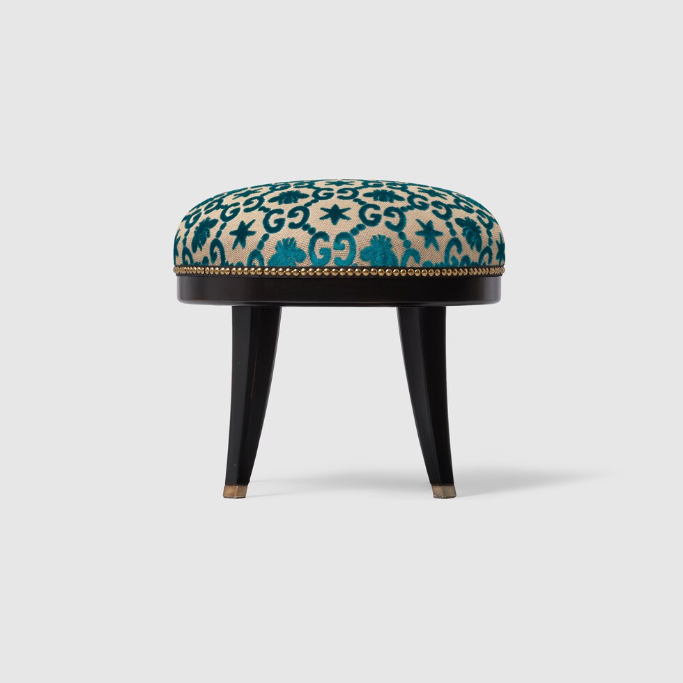 GG bee and star jacquard round stool in blue velvet jacquard | GUCCI® US