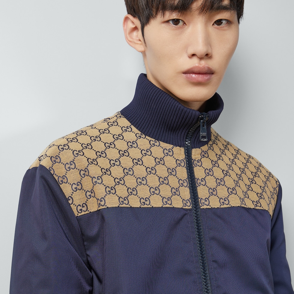 Nylon canvas zip jacket with GG in dark blue | GUCCI® RO