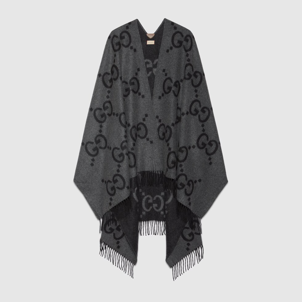 Reversible jumbo GG cashmere cape in dark grey and black | GUCCI® US