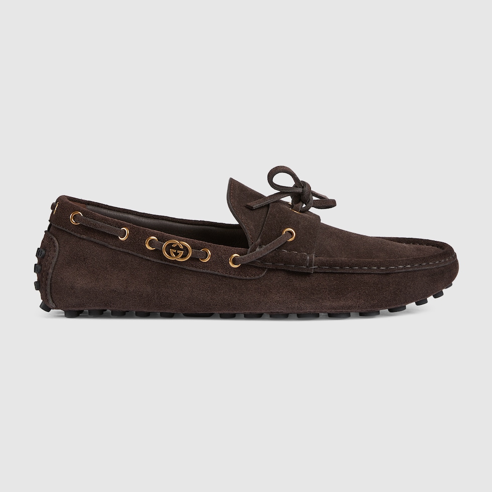 Men's driver with Interlocking G in dark brown suede | GUCCI® IE