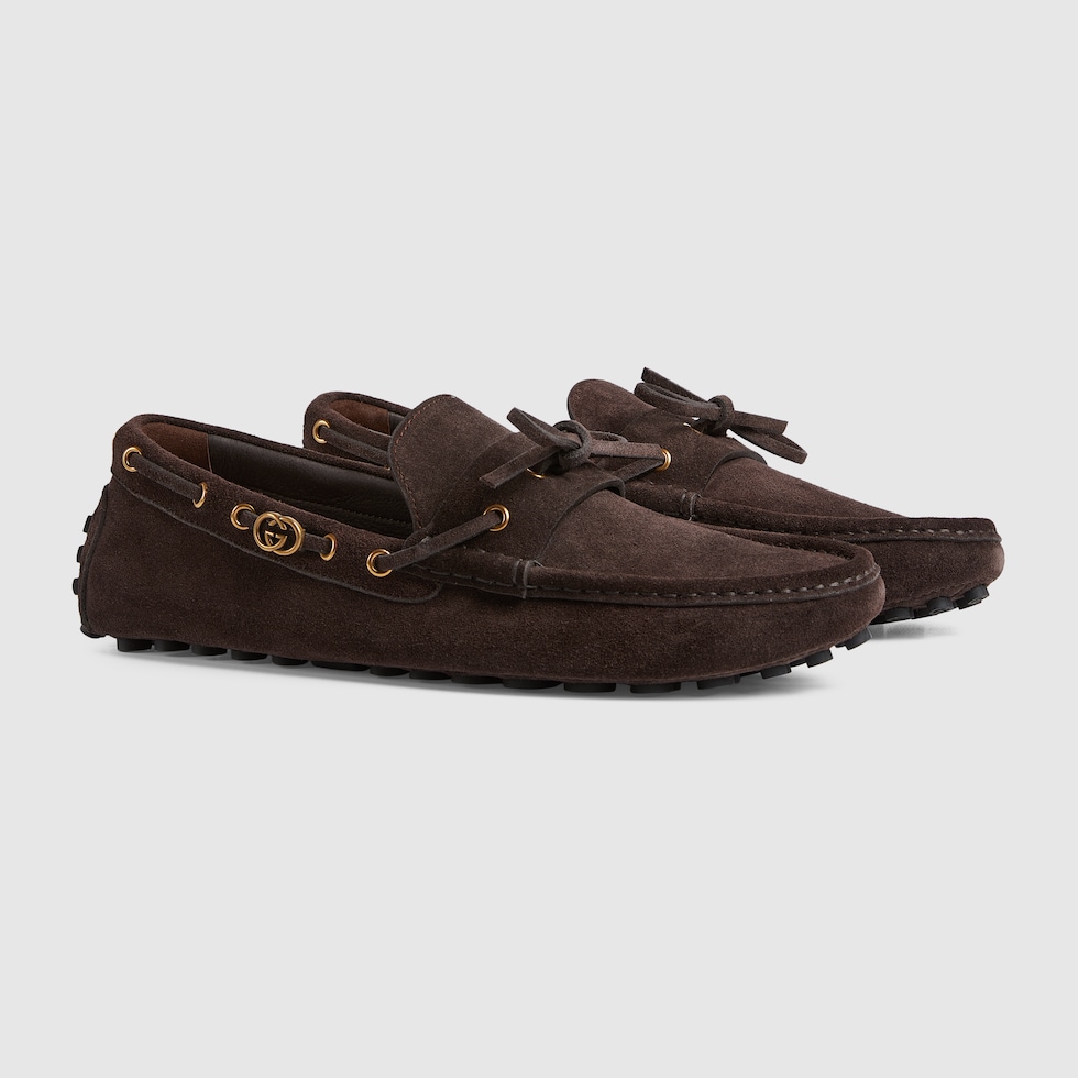 Men's driver with Interlocking G in dark brown suede | GUCCI® PL
