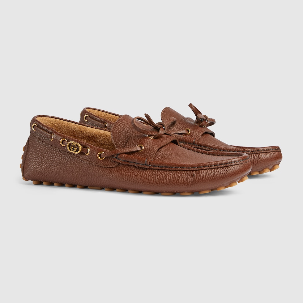 Men's driver with Interlocking G in brown leather | GUCCI® IE