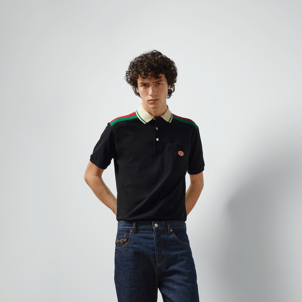 Cotton polo with Interlocking G in black | GUCCI® NL