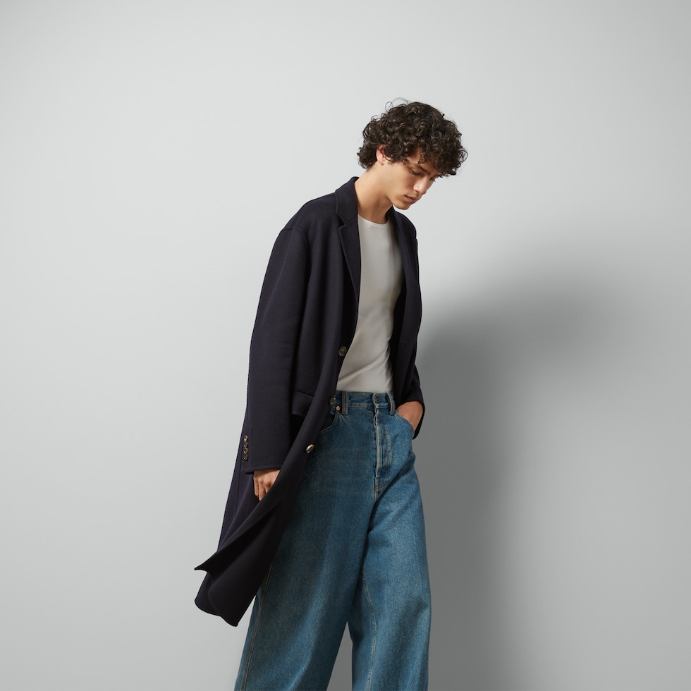 Lightweight wool coat with Web label in dark blue | GUCCI® UK