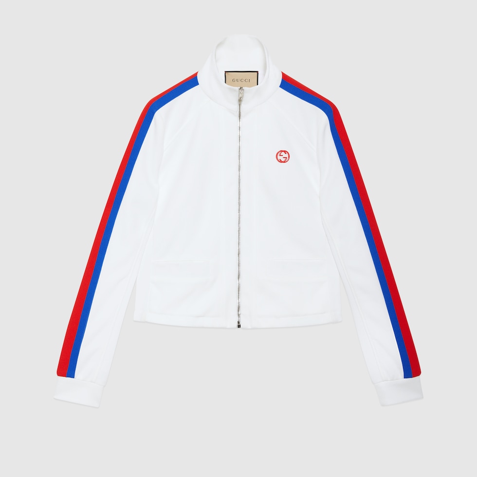Technical jersey zip jacket with Web in off white | GUCCI® SG