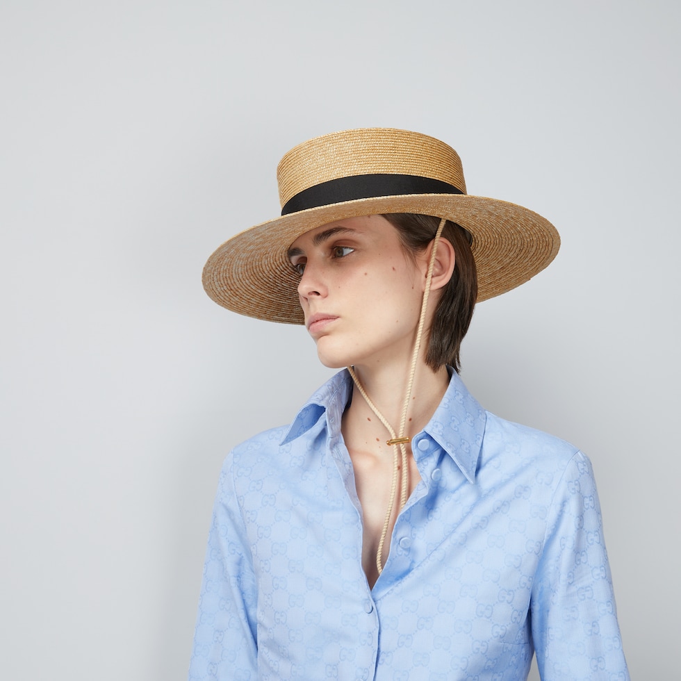 Chapeau en paille avec détail gros grain en beige | GUCCI® FR