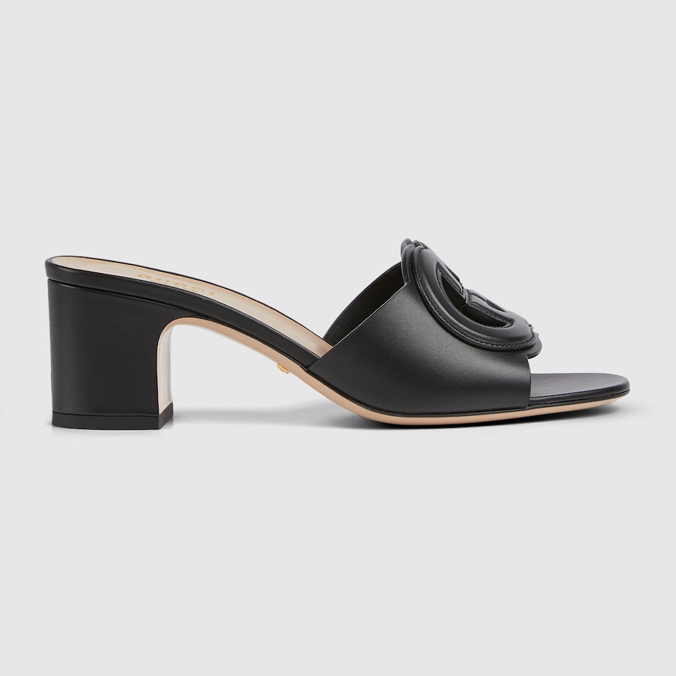 Women's slide sandal with Interlocking G in black leather | GUCCI® AU