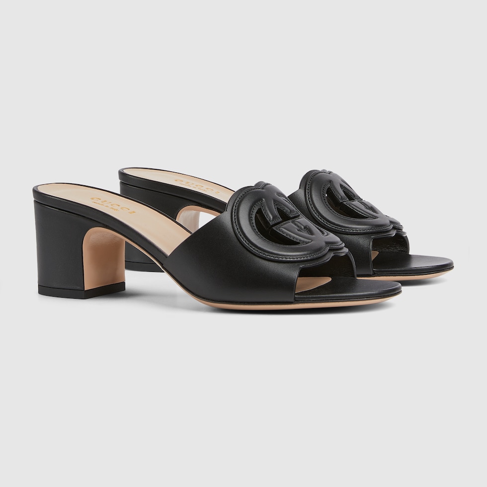 Women's slide sandal with Interlocking G in black leather | GUCCI® NL
