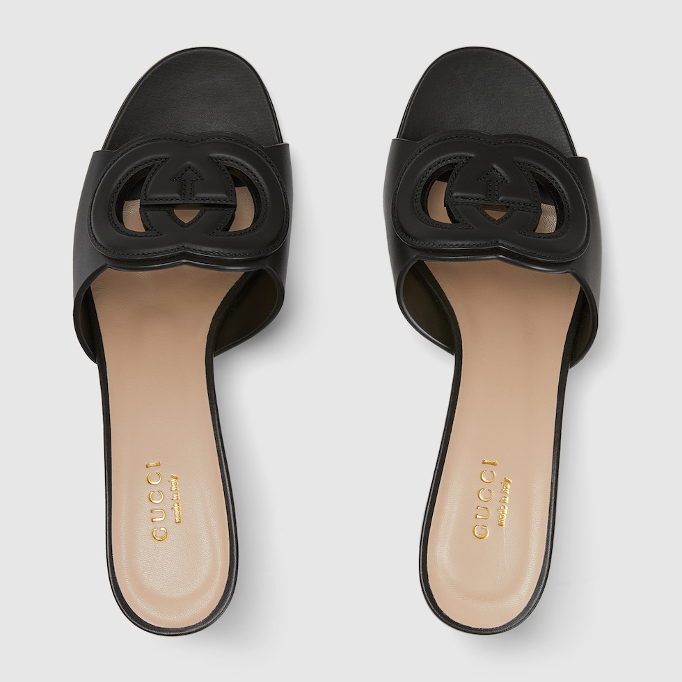 Women's slide sandal with Interlocking G in black leather | GUCCI® AU