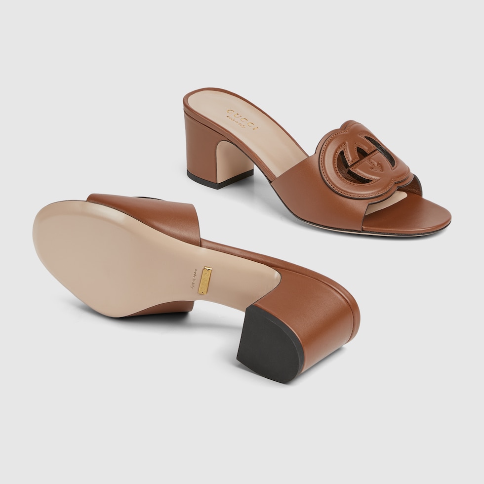 Women's slide sandal with Interlocking G in brown leather | GUCCI® AU