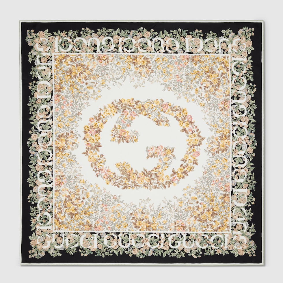 Gucci Interlocking G floral print silk carré in black and beige | GUCCI® PL