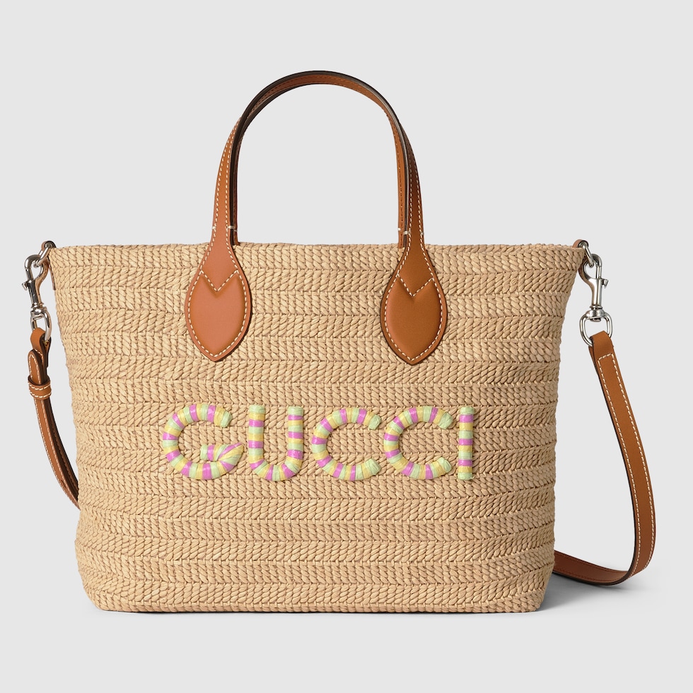 Small straw-effect tote in natural straw effect raffia | GUCCI® SG