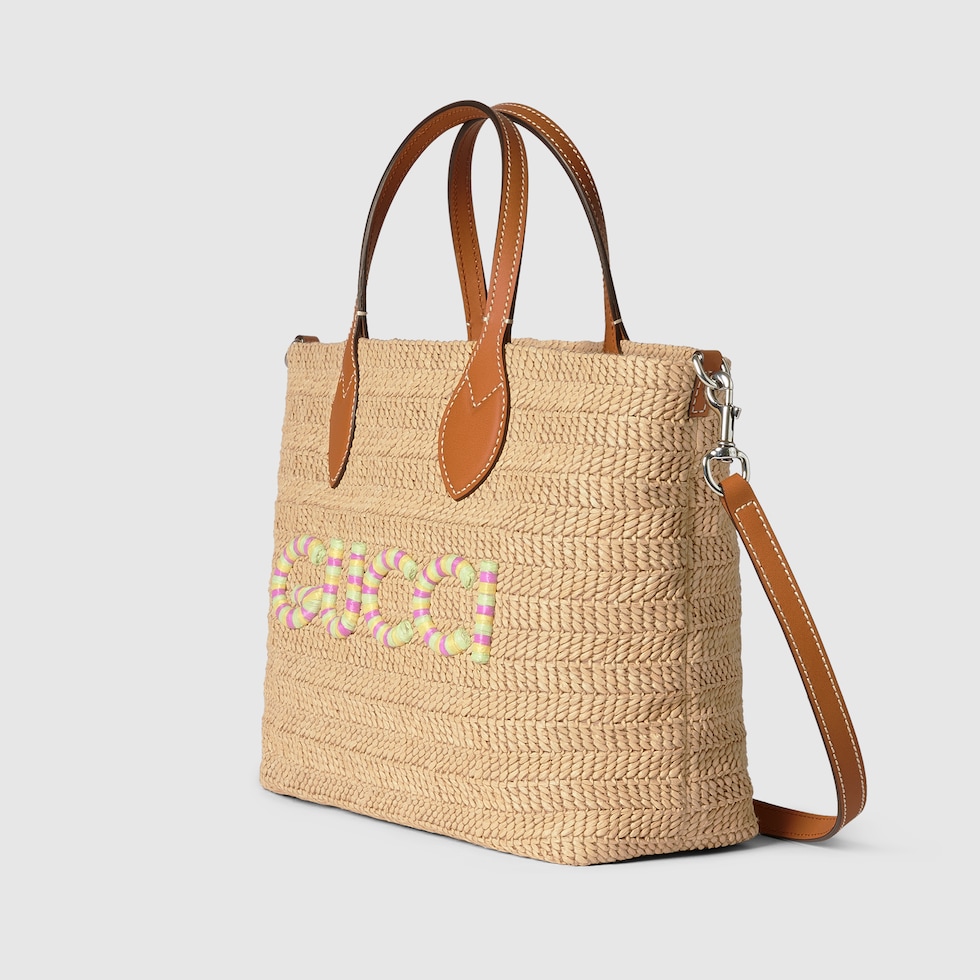 Small straw-effect tote in natural straw effect raffia | GUCCI® AE