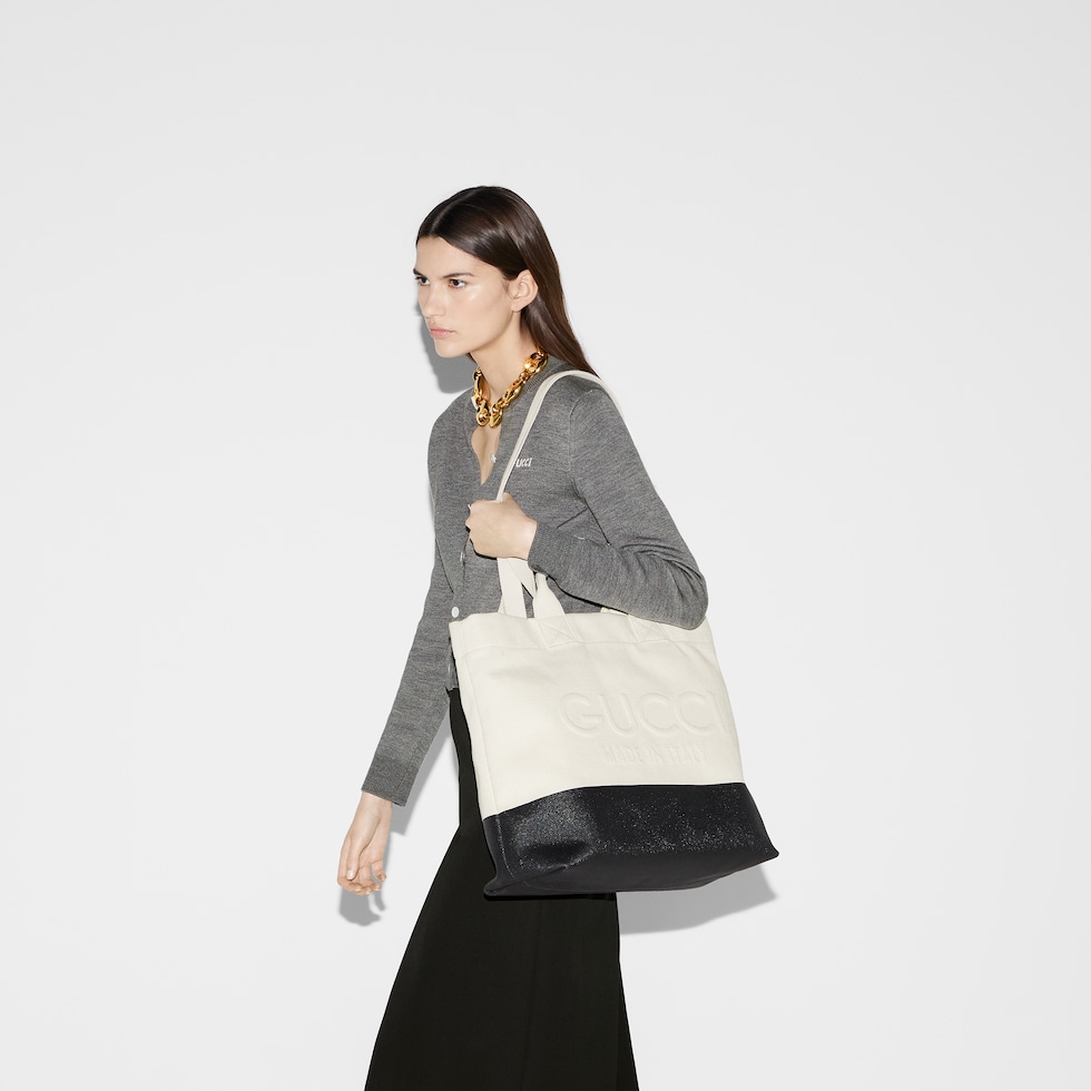 Canvas tote bag with embossed detail in natural canvas with black ...