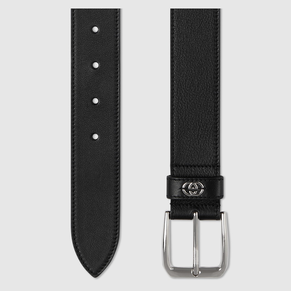 Belt with Interlocking G detail in black leather | GUCCI® US