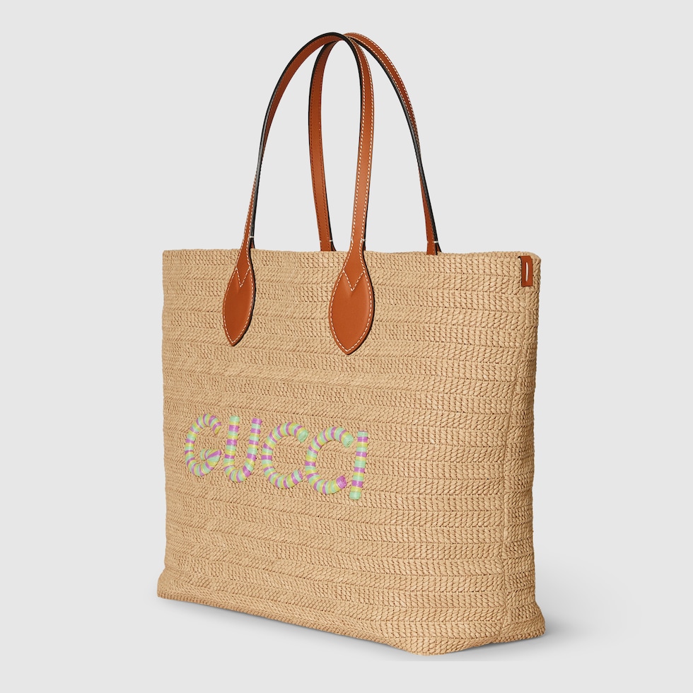Medium straw-effect tote in natural straw effect raffia | GUCCI® PT