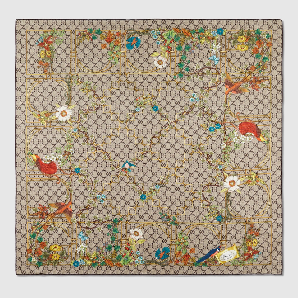 Animal and floral print silk carré in brown and multicolour | GUCCI® TH