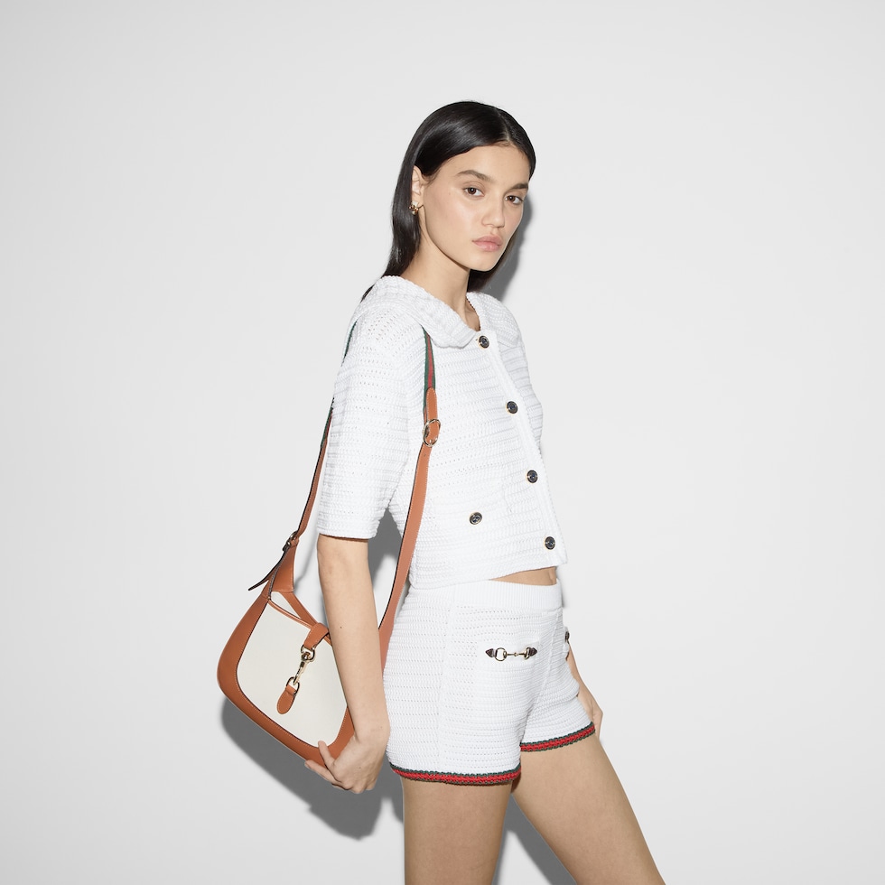 Crochet knit cotton button-up top in ivory | GUCCI® SG